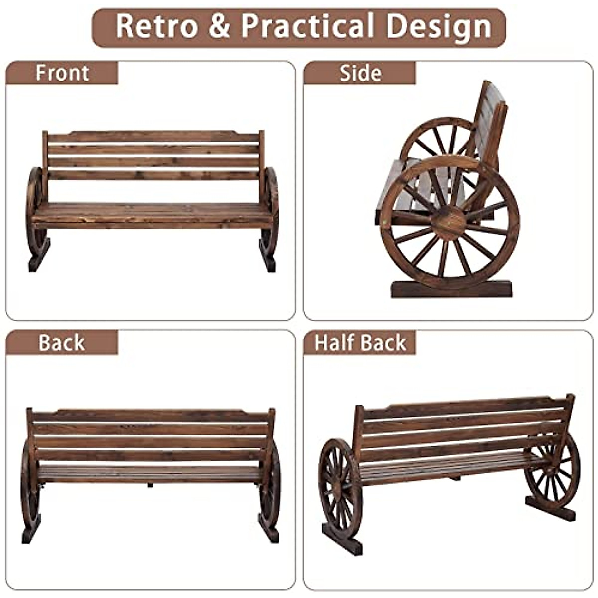 Kinlife Outdoor Bench Porch Bench 2-Person Wooden Wagon Wheel Garden Bench, Wagon Slatted Seat with Backrest for Backyard, Patio, Garden