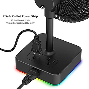 Hiree Desk Fan with USB Charging Port, 2 Speeds 6.7 Inch Small Desktop Table Fan with 2 AC Outlets and LED Lights, Strong Wind, Quiet Operation - Personal Fan for Home, Dorm Room, Office