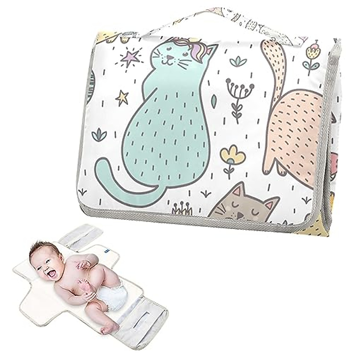 Bulletgxll Cute Summer Cats Portable Diaper Changing Pad Waterproof Changing Pad with Baby Tissue Pocket and Magic Stick for Newborn Baby.