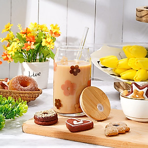 Whaline Retro Flowers Beer Can Glasses with Lids and Straw Boho Groovy Drinking Glasses Ice Coffee Cup Tumbler Cup for Cocktails Whiskey Beer Soda Gifts, 16oz