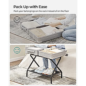 SONGMICS Luggage Rack, Suitcase Stand with Fabric Storage Shelf, for Guest Room, Bedroom, Hotel, Foldable Steel Frame, Holds up to 110 lb, 27.2 x 15 x 20.5 Inches, Black URLR002B01V1