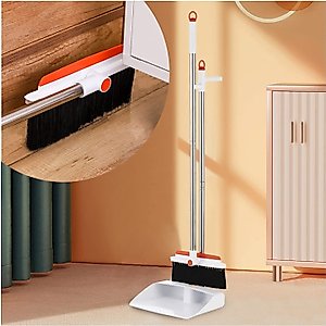 Broom Dustpan Set, Indoor 360° Rotatable Standing Storage Buckle Broom and Dustpan Set with Scraping Teeth and Squeegee Deep Cleaning Room and Dustpan Set for Home, Office
