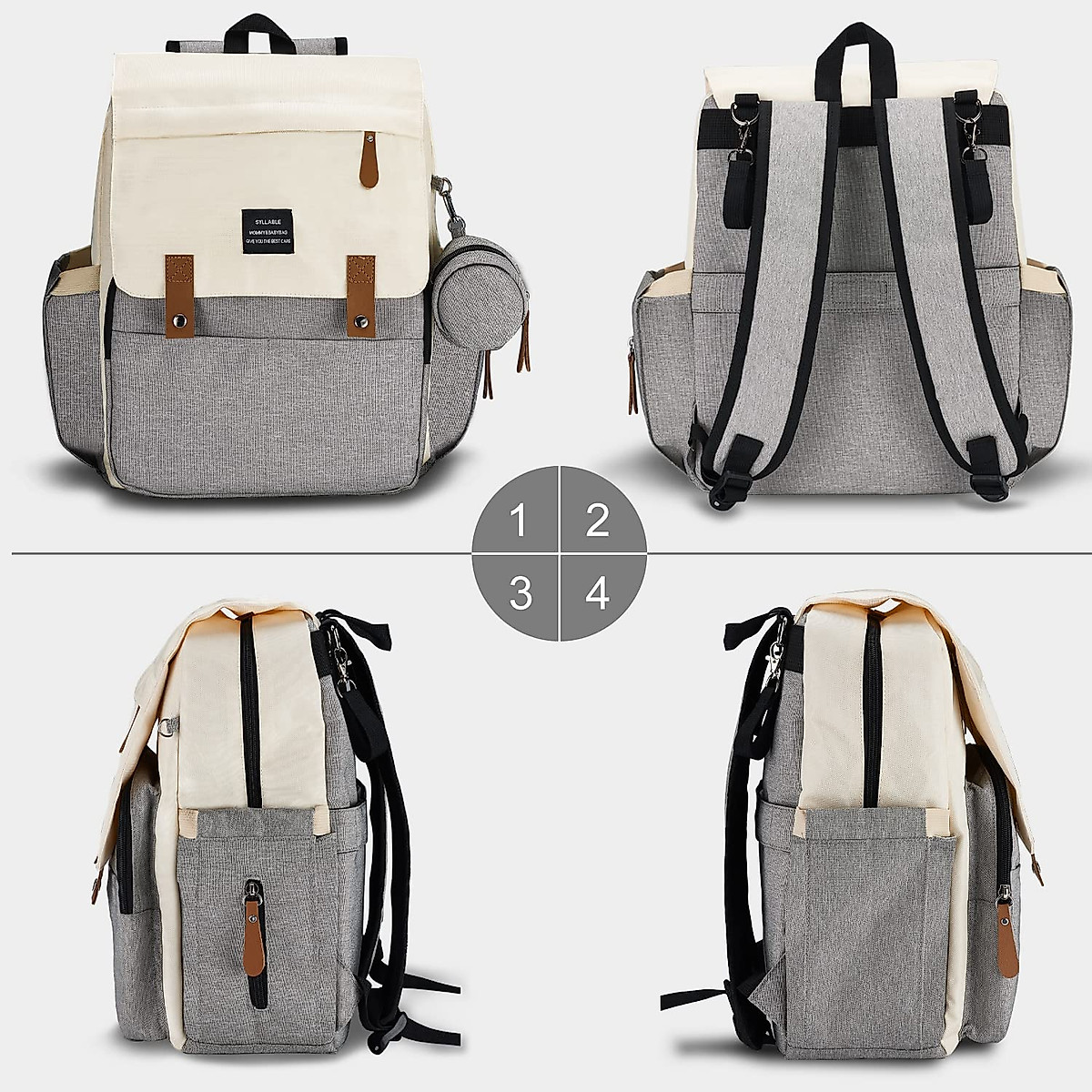 Diaper Bag Backpack with Portable Changing Pad, Pacifier Case and Stroller Straps White