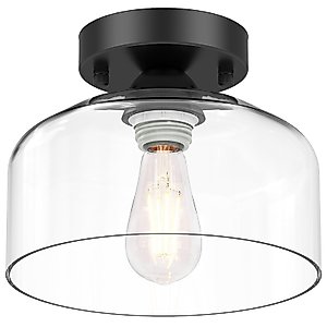Semi Flush Mount Ceiling Light - Clear Glass Pendant Lamp Shade, Matte Black Finish, Modern Farmhouse Light Fixture for Hallway Corridor Kitchen Entryway Bedroom, Bulb Not Included