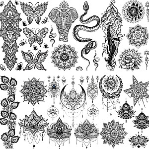 Shegazzi 58 Sheets Black Lace Temporary Tattoos For Women Girls, Large Lotus Mandala Flower Snake Elephant Butterfly Fake Adults Kit, Indian Tribal Skull Arm Sleeve Neck Tatoos Wedding