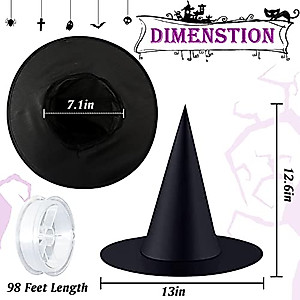 ZeeDix 8 Pcs Halloween Black Witch Hats- Halloween Hanging Decorations Witch Hat with 98 Feet Hanging Rope for Halloween Costume Accessories Party Decoration