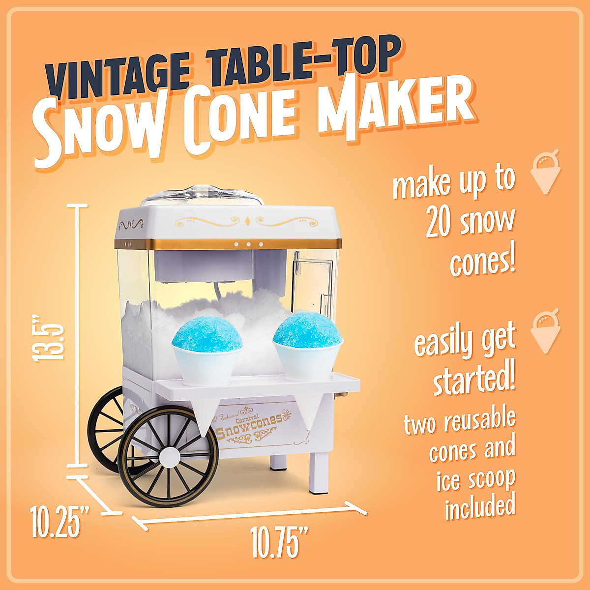 Nostalgia Snow Cone Shaved Ice Machine - Retro Table-Top Slushie Machine Makes 20 Icy Treats - Includes 2 Reusable Plastic Cups & Ice Scoop - White