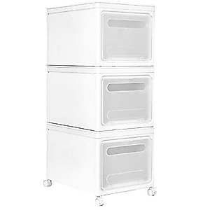 SUN & SUMMER 3 pcs Plastic Drawers Storage Stackable Clear Organizer Drawers Storage Bins with Lids Drawers Baby Dresser Storage Boxes White for Toys and Clothes