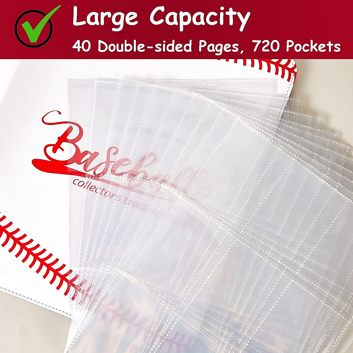 720 Pockets Baseball Card Binder PU Leather Baseball Card Holder Trading Card Binder White Card Binder with Zipper 3 D-Ring Card Album with 80 Sleeves for Football Baseball Card Collocation Storage