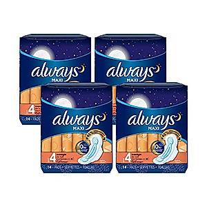 Always Maxi Size 4 Overnight Pads for Women, with Wings,Unscented, 14 Count - Pack of 4 (56 Count Total)
