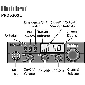 Uniden PRO520XL Pro Series 40-Channel CB Radio. Compact Design. ANL Switch and PA/CB Switch. 7 Watts of Audio Output and Instant Emergency Channel 9. - Black