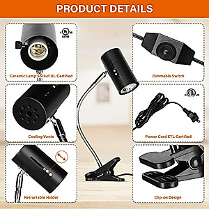 Simple Deluxe Reptile Lamp Fixture Holder Clamp Lengthened Adjustable Socket with Wider and Deeper Spot Light Barrel Dimmable Switch 25W UV Bulb Included, for Lizard Tortoise Snake Aquarium Habitat