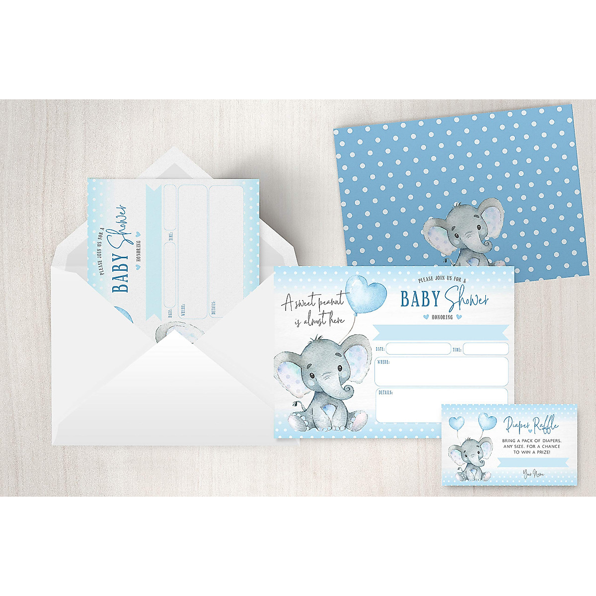 Your Main Event Prints Boy Elephant Baby Shower Invitations, Peanut Baby Shower Invites with Diaper Raffles Cards, Sprinkle, 20 Invites Including Envelopes