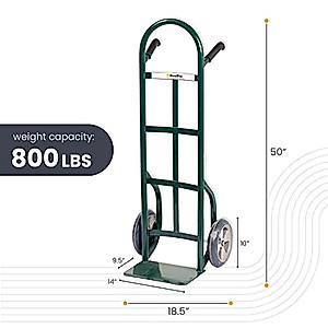 HaulPro Heavy Duty Hand Truck with Double-Grip Handle - Steel Dolly Cart for Moving - 800 Pound Capacity - 10" - Rubber Wheels - 50" H x 18.5" W with 14" x 9.5" Nose Plate - Green