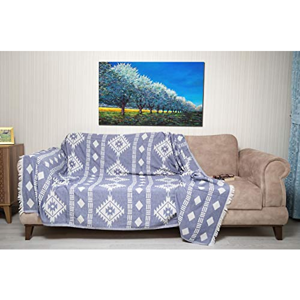 Bersuse 100% Cotton Belize XL Throw Blanket Turkish Towel - 75x90 Inches, Dark Blue