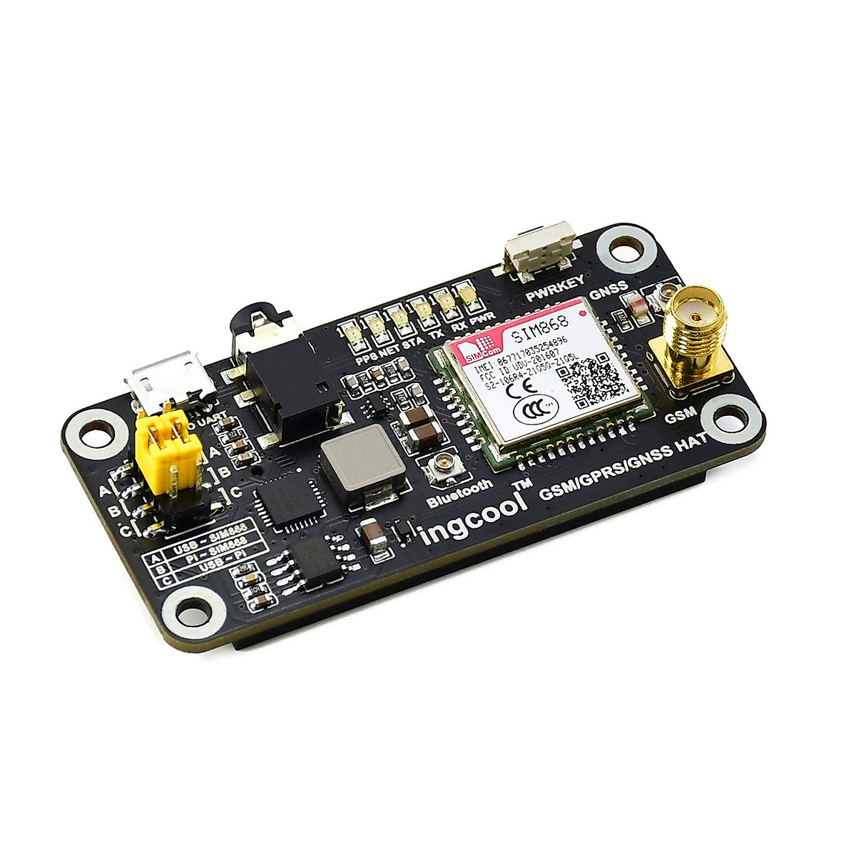 Ingcool GSM/GPRS/GNSS Bluetooth HAT Expansion Board for Raspberry Pi 4B/ 3B+/ 3B/ 2B/ Zero W/Zero, Based on SIM868 Module Supports SMS, Phone Call, Global Position, Transfer Data, etc.