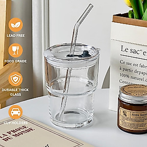 Olvini 13oz Glass Tumbler with Glass Straw and Lid, Iced Coffee Cups Reusable, Water Cup, Coffee Tumbler, Glass Coffee Mugs, Drinking Glass Cups (Clear)