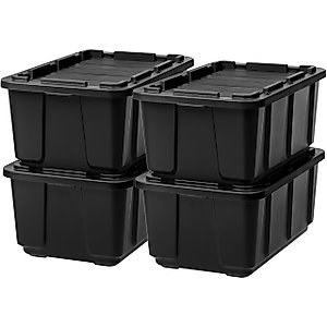 IRIS USA 27 Gallon Heavy Duty Truck Bed Toolbox Storage Tote Bins with Lids, 4 Pack - Made in USA, Tough Snap On Lid Stackable Industrial Rugged Tubs, Garage Organization, Reusable Box - Black