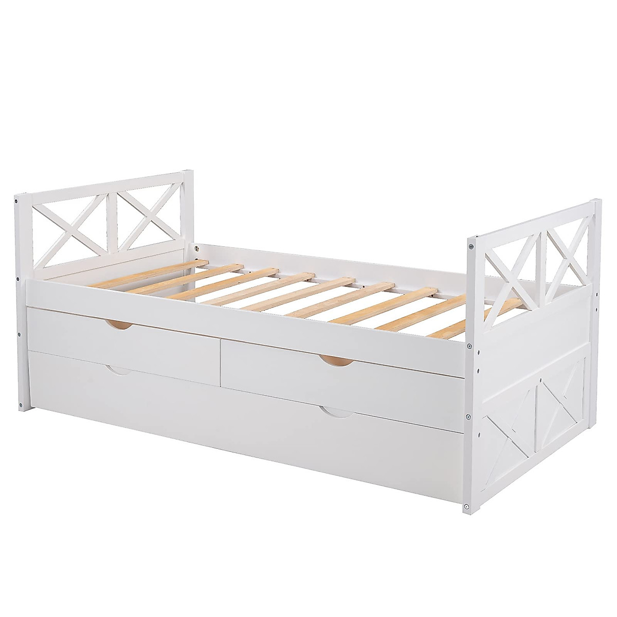 Twin Captain’s Bed, Wood Storage Daybed with Trundle and Drawers, Wooden Platform Bed with Storage for Kids Teens and Adults, White