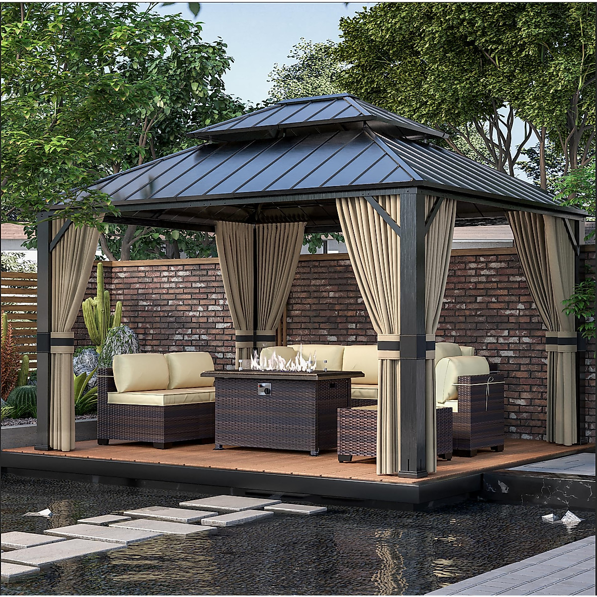 ASJMR 12x14ft Hardtop Gazebo Double Roof, outdoor pavilion with 2-layer hard top galvanized iron frame garden tent, suitable for courtyards, backyards, decks, and grass
