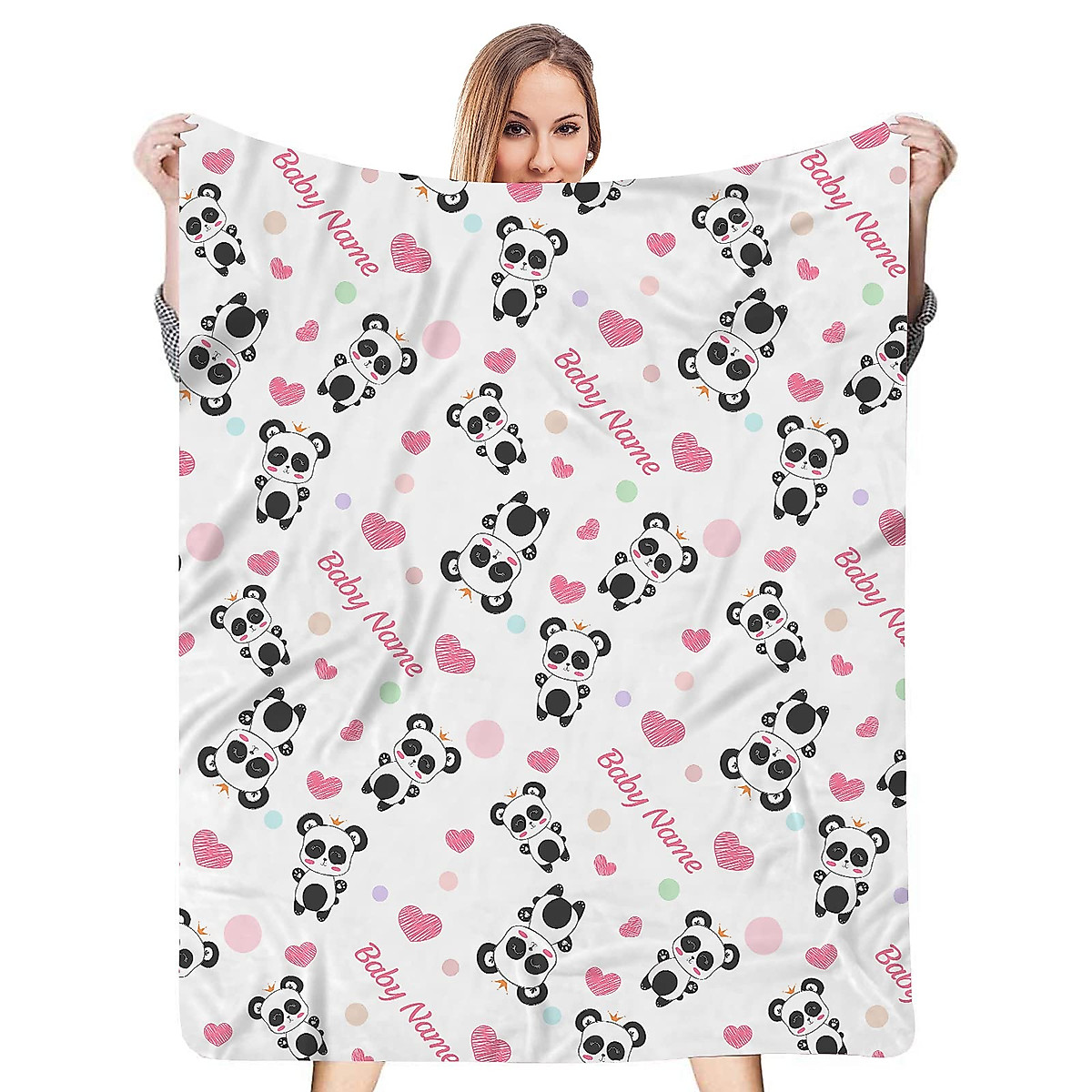 Personalized Cute Panda Printed Minky Baby Blanket with Name, Custom Panda Hearts Patterns Toddler Bedding Blanket for Baby Girls, Birthday Gifts for Newborn Infant, 30" X 40"