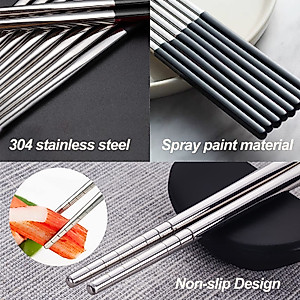 5 Pairs Stainless Steel Chopsticks, Slivek Reusable Premium Lightweight 304 Metal Chopsticks Dishwasher Safe, Non-slip, Lightweight, 9.05 inches (Black Silver)