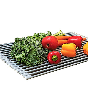 iPEGTOP Roll Up Dish Drying Rack with 304 Stainless Steel Plates Holder Pot Lid Organizer, Over The Sink Kitchen Foldable Multipurpose Dish Drainer Rack for Fruits Vegetable,16.9" x 12.6"