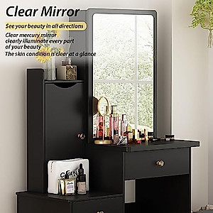 FAMAPY Makeup Desk with Drawers & Crystal Handles, Vanity Table Set with Sliding Mirror, Vanity Desk Dressing Table with Drawers and Shelves, Cushion Stool, Black