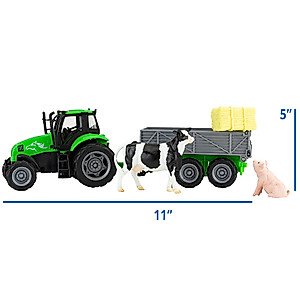Breyer Horses Breyer Farms Tractor and Tag-a-Long Wagon Playset | 5" H x 11" L x 4" D | Cow and Pig Included | 1:32 Scale | Model #59238, Green