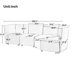 WILLIAMSPACE 106.3" Modern Sectional Sofa for Living Room, 4 Seater Upholstered Curved Sofa Couch with Adjustable Back, Free Combination Modular Sofa for Home Office - Grey