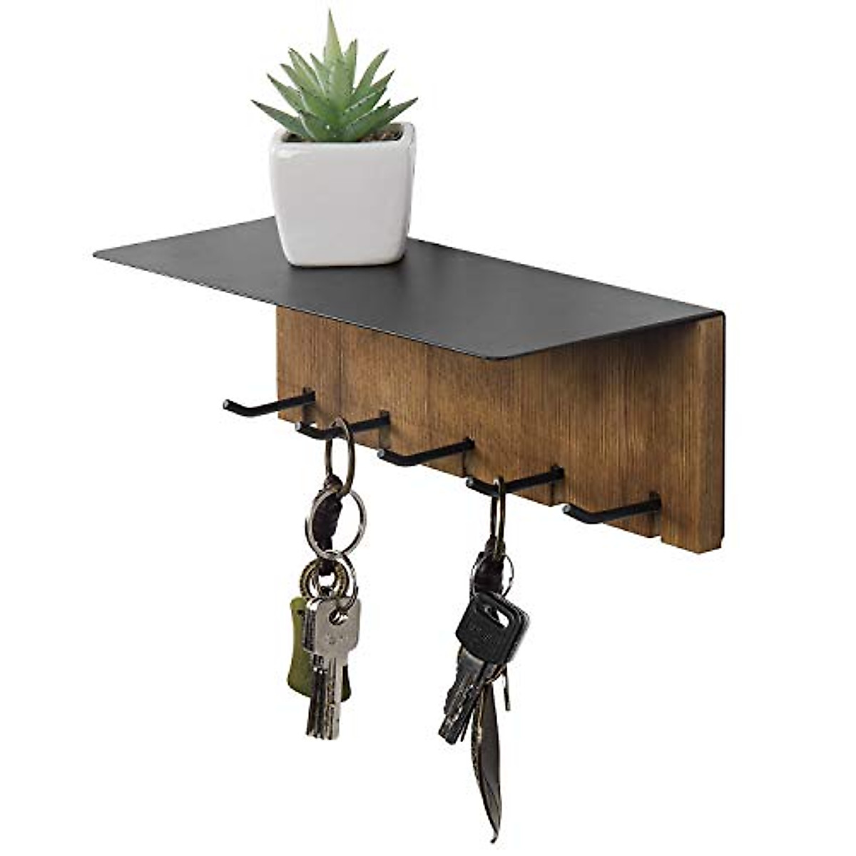 MyGift Entryway Shelf Rack with 5 Key Hooks, Wall-Mounted Burnt Solid Wood and Matte Black Decorative Shelf