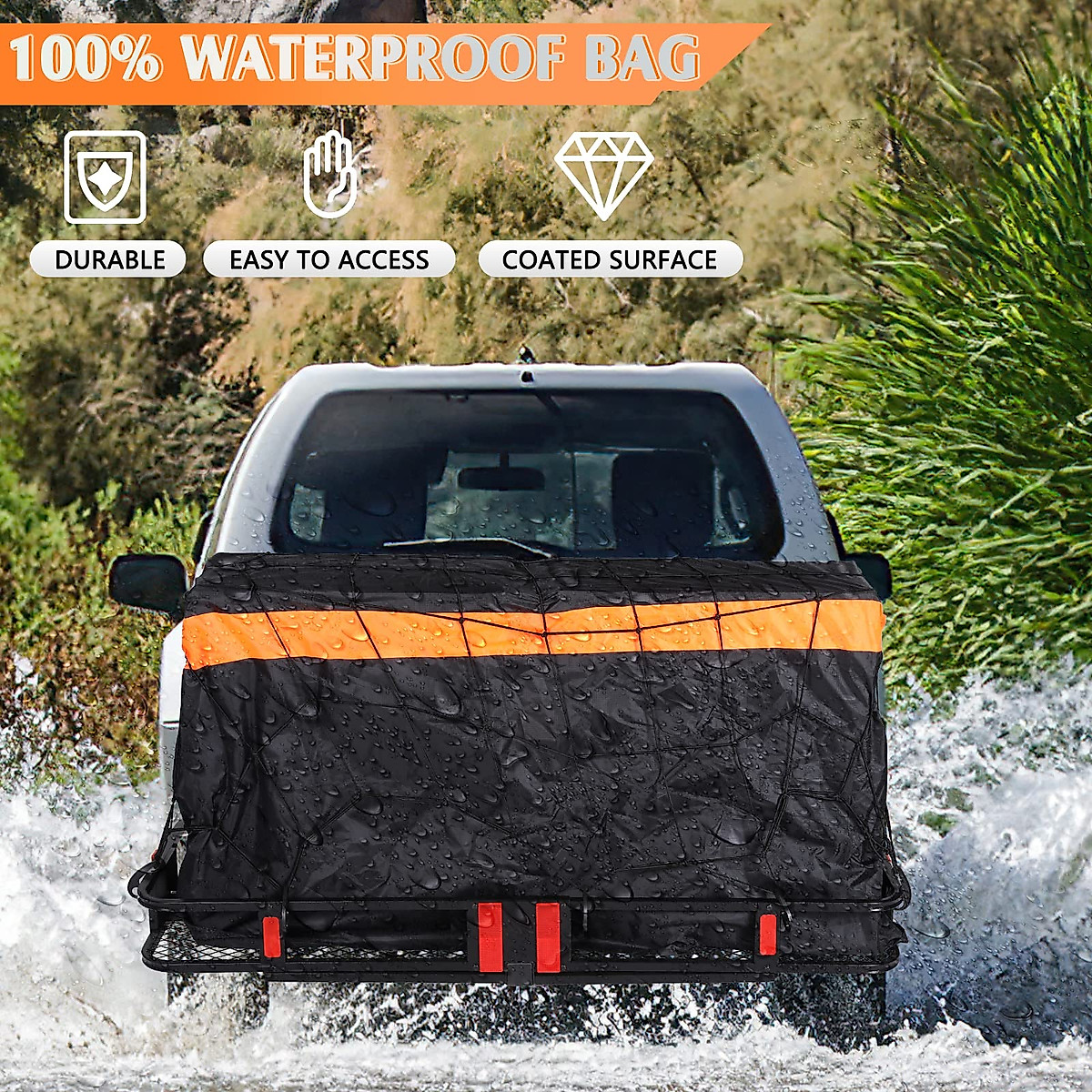 HUUHRIN 60"x21"x6" Cargo Hitch Carrier - 550lbs Capacity Trailer Hitch Cargo Carrier with Waterproof Bag Cover, Net and 2 Reinforced Straps - Folding Car Cargo Carrier Hitch Mount(Black)