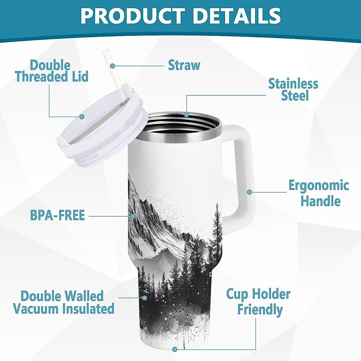 Jihqo Mountain Ink Style 40 oz Stainless Steel Vacuum Insulated Tumbler with Handle and Straw Lid, Leakproof Water Bottle Double Wall Travel Mug Coffee Cup, Cupholder Friendly