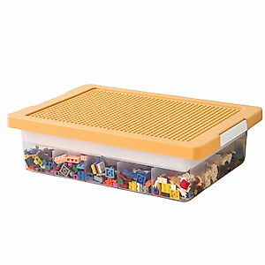 Toys Storage Organizer Box for Lego, Toy Storage Box with Building Plate Lid and Removable Tray, Building Block Storage, Stackable Plastic Organizer Bins(Yellow)