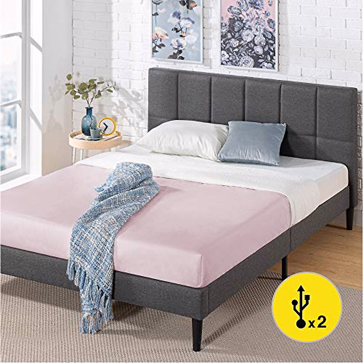ZINUS Lottie Upholstered Platform Bed Frame with Short Headboard and USB Ports / Mattress Foundation / Wood Slat Support / No Box Spring Needed / Easy Assembly, Grey, Queen
