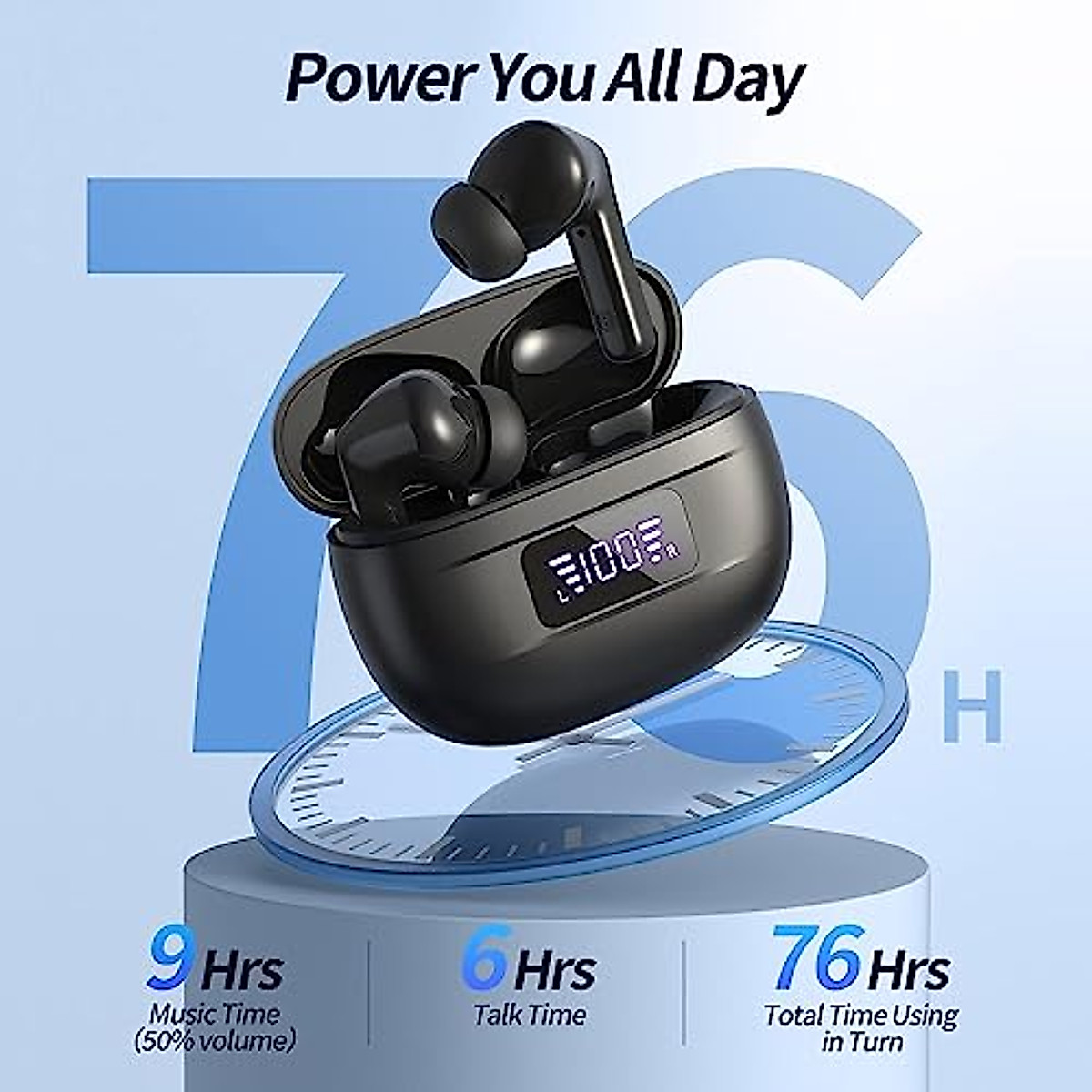 Wireless Earbuds Bluetooth Earbuds 76H Playtime Ear Buds Noise Cancellation Clear Calls Bluetooth Headphones Power Display Charging Case Light Weight IPX7 Waterproof Earphones for Sports Workout