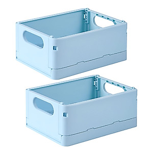 TRZZ 2-Pack Mini Pastel Crates Organizer Collapsible Plastic Storage Basket Small Crate Storage, Stackable Cute Bins for Office & Home Bedroom, Bathroom and Kitchen Storage Decor, Blue (6.5"4.8"2.9")