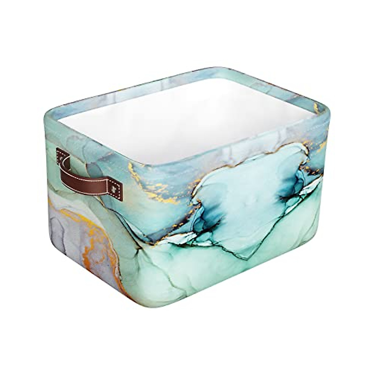 Qumstemily Marble Storage Bins for Shelves, Jade Texture Green Teal Collapsible Storage Boxes Basket for Bedroom/Kitchen, Closet Organizers with Handle, Marble Ink Paint Storage Cubes - 1 Pack