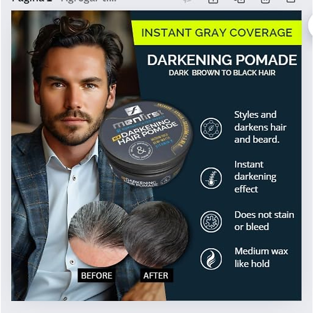 MENFIRST - Hair and Beard Pomade for Men - Instant Gray Coverage for Medium Brown to Black Styling Paste - Darkens White Hair Like a Wax - 1 Pack