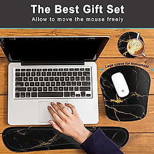 Keyboard Wrist Rest Memory Foam Ergonomic Mouse Pad with Computer Wrist Support Set with Non-Slip Rubber Base Coaster for Home, Office Easy Typing and Pain Relief - Black Marble