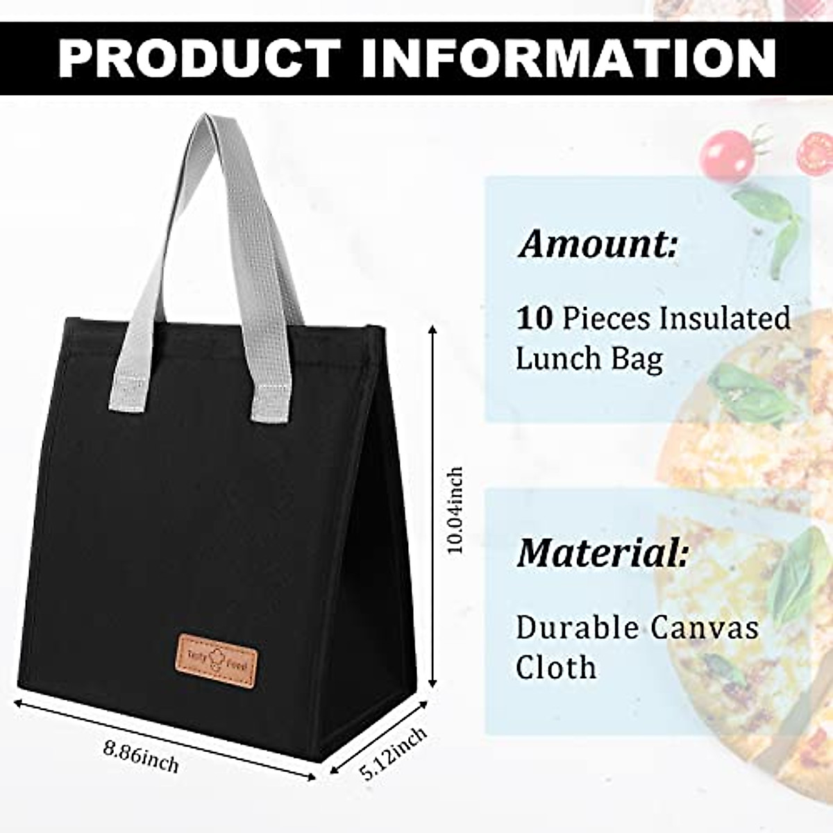 Yinkin 10 Pieces Insulated Lunch Bag Bulk Lunch Box Large Reusable Leakproof Tote Container with Aluminum Foil Employees Gift for Nurses Men Office Work School Beach Travel (Black)