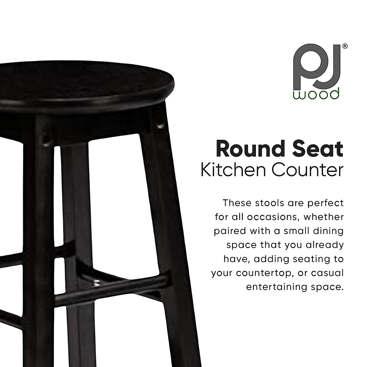 PJ Wood Classic Round Seat 29 Inch Tall Kitchen Counter Bar Stools with 4 Square Legs for Homes, Dining Spaces, and Bars, Black (2 Pack)