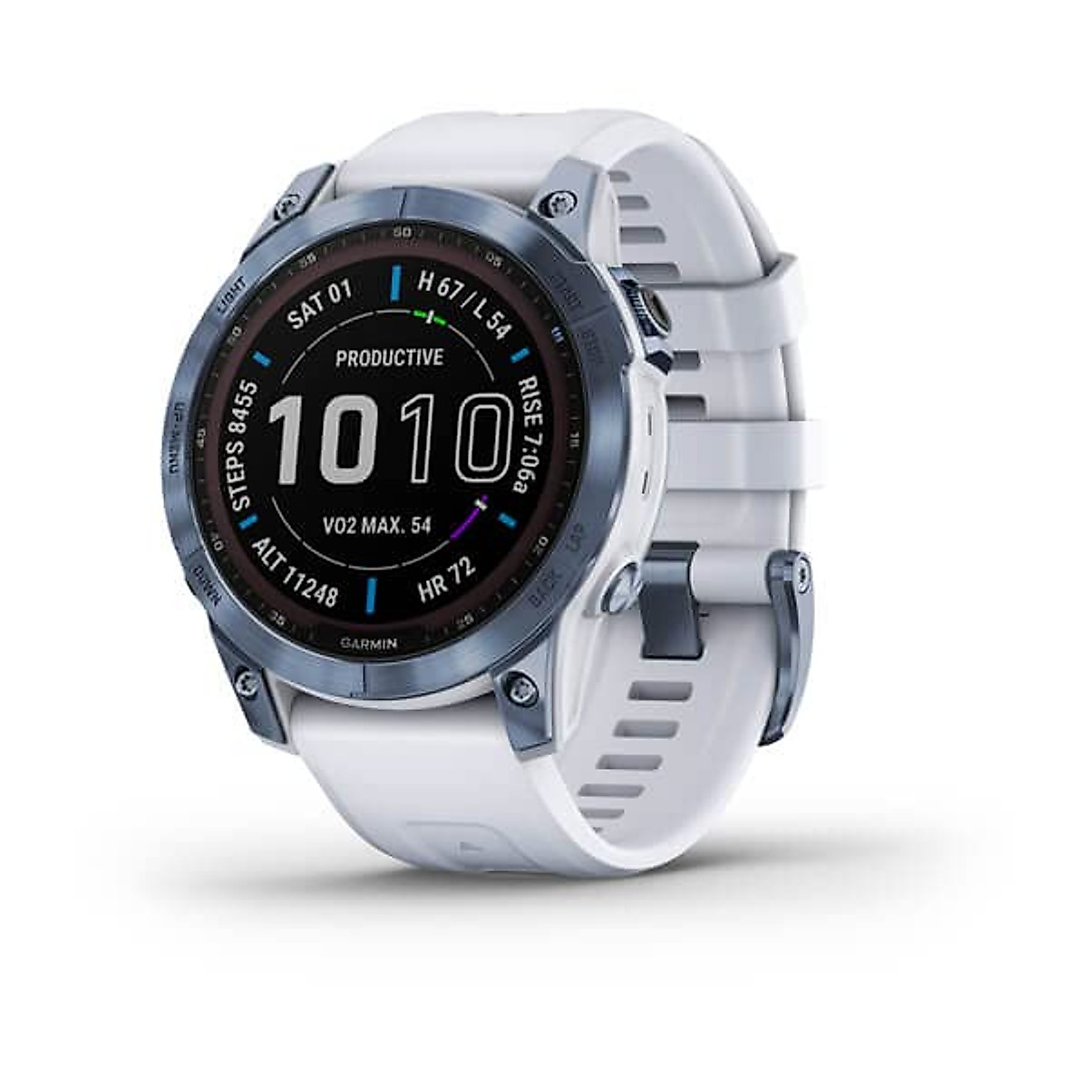 Garmin Fenix 7 Sapphire Solar Edition Smart Watch Mineral Blue Titanium with Whitestone Band (47mm) + Watch Charging Stand + USB Car/Wall Adapter + 6TH AVE Cleaning Kit (010-02540-24)
