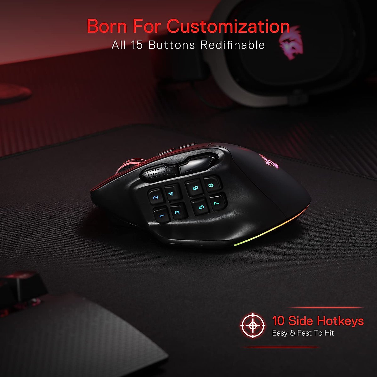Redragon M811 PRO Wireless MMO Gaming Mouse, 15 Programmable Buttons RGB Gamer Mouse w/Ergonomic Natural Grip Build, 10 Side Macro Keys, Software Supports DIY Keybinds & Backlit