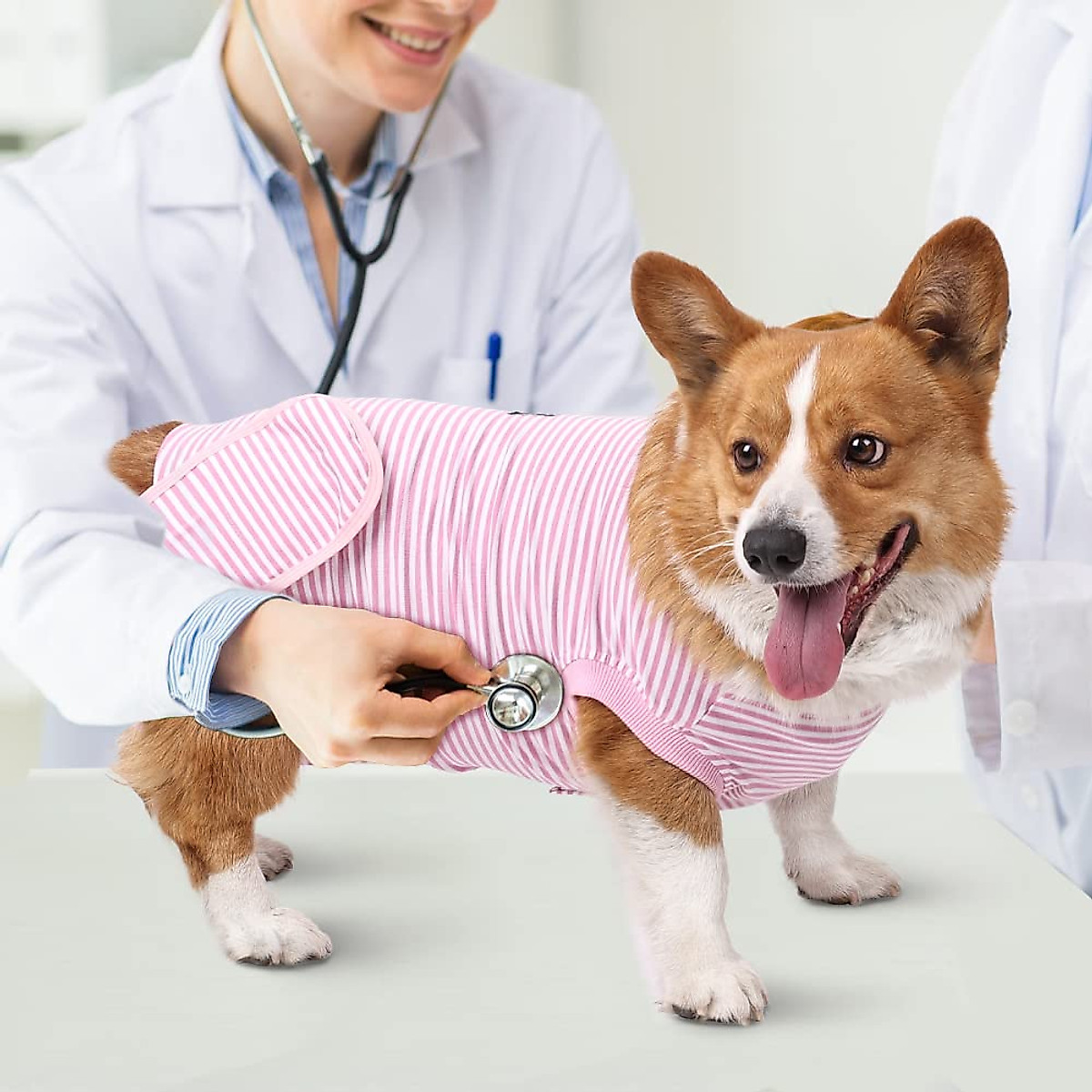 EMUST Dog Recovery Suit, After Surgery Wear for Dogs Male Female, Pet E-Collars Alternative Bandages, Professional Dog Onesie for Surgery for Abdominal Wounds, Weaning&Skin Diseases,Pink Strip/XS