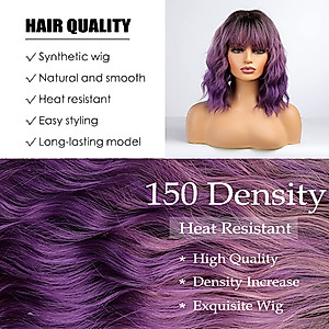 Haoland Purple Wig With Bangs for Women 14” Short Bob Wavy Wig Heat Resistant Colored Wigs Synthetic Wig for Daily Party Use Cosplay (Purple)