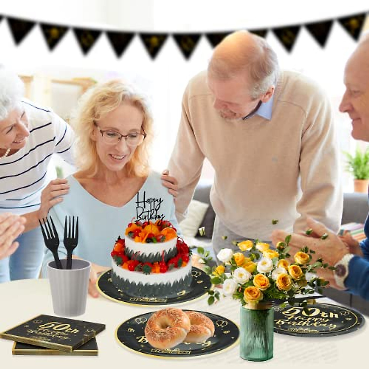 LMJUNZZ 120 PCS 50th birthday party tableware set including plates napkins forks 50th birthday decorations 1974 men's and women's 50th theme party supplies for 30 guests