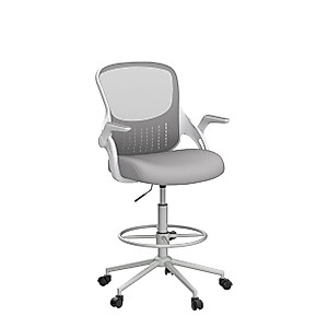 Drafting Chair, Tall Office Chair Tall Standing Desk Chair Counter Height Adjustable Office Chair for Standing Desk, Mid-back Mesh Drafting Chair with Flip-up Arms, Foot-ring, Wheels, Grey