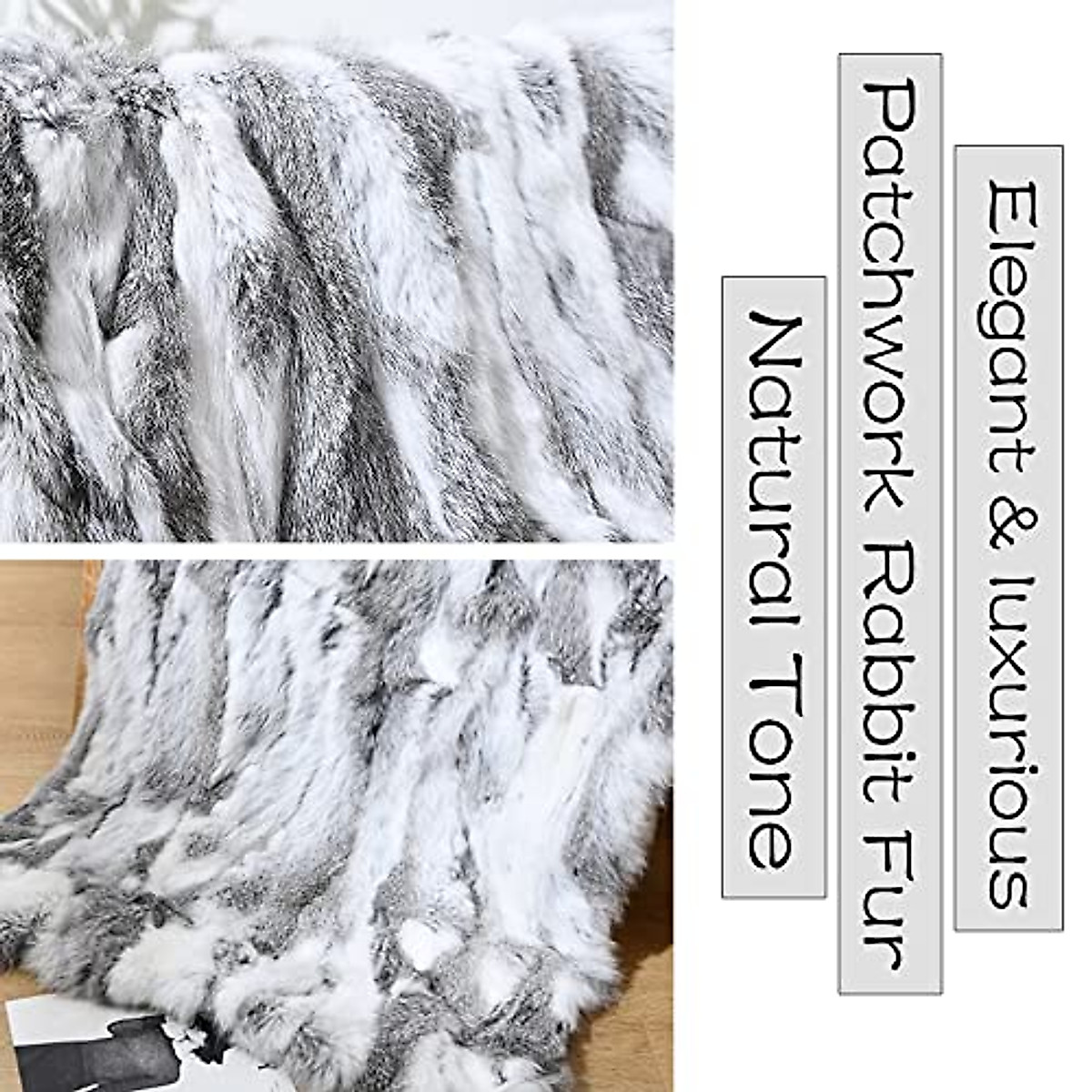 Throw Blankets for Couch and Bed, Soft Cozy Real Rabbit Fur Blanket with Suede Backing, Grey Lightweight Decorative Blankets and Throws, Farmhouse Warm Blanket for Men and Women, 55.1"x63"