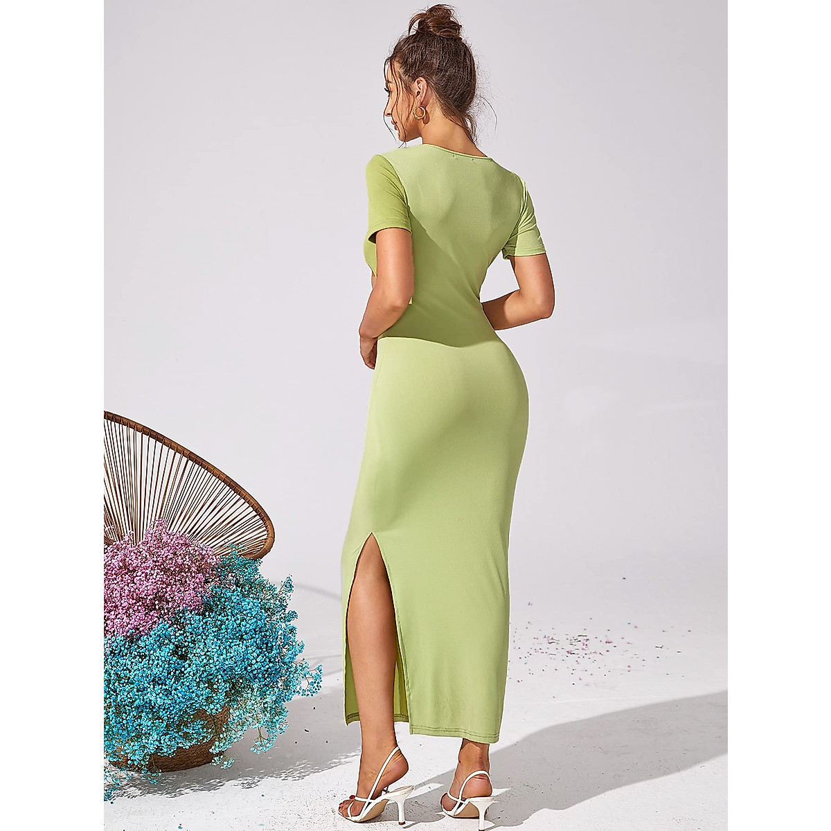 WDIRARA Women's Sexy Cut Out Keyhole Front Dress Split Side Hem Colorblock Short Sleeve Bodycon Casual Maxi Dresses Green M